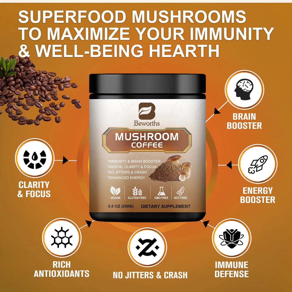 ☕ BEWORTHS Mushroom Coffee Supplement – Brain-Boosting 10-in-1 Superfo ...
