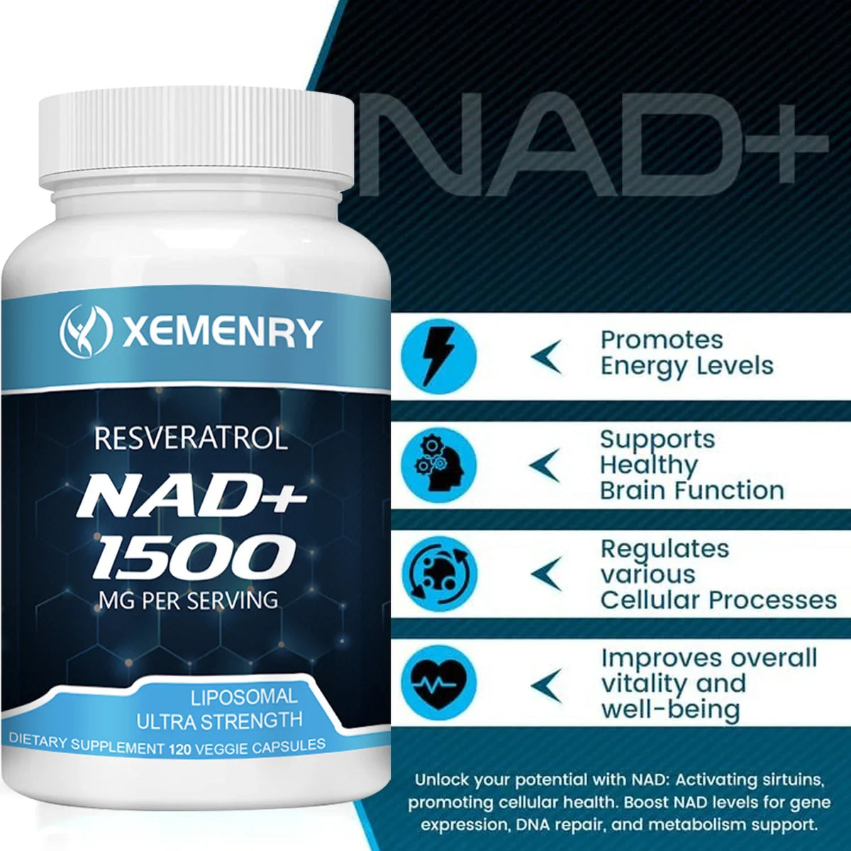 🔬 XEMENRY NAD Supplement – NAD+ + Resveratrol for Cellular Health, Ene ...